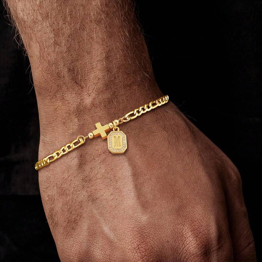 1pc Minimalist Cross & Square Letter Stainless Steel Chain Bracelet For ...