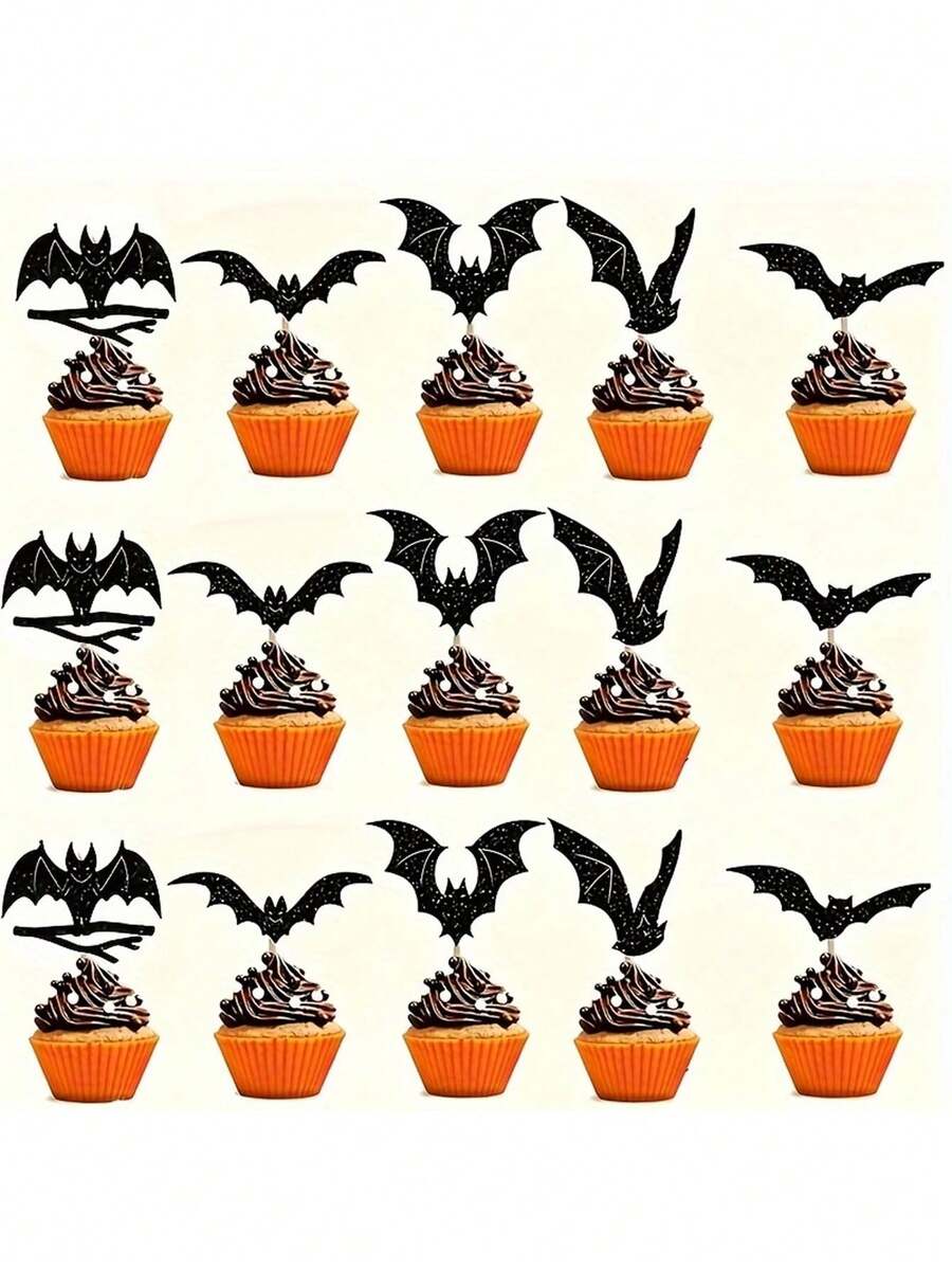 12pcs Halloween Cupcake Toppers, Halloween Bat Cake Decorations, Black ...
