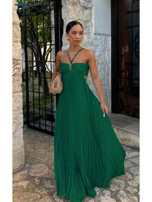 Women's Spaghetti Straps Maxi Dress Flowy Pleated Swing Beach Long ...