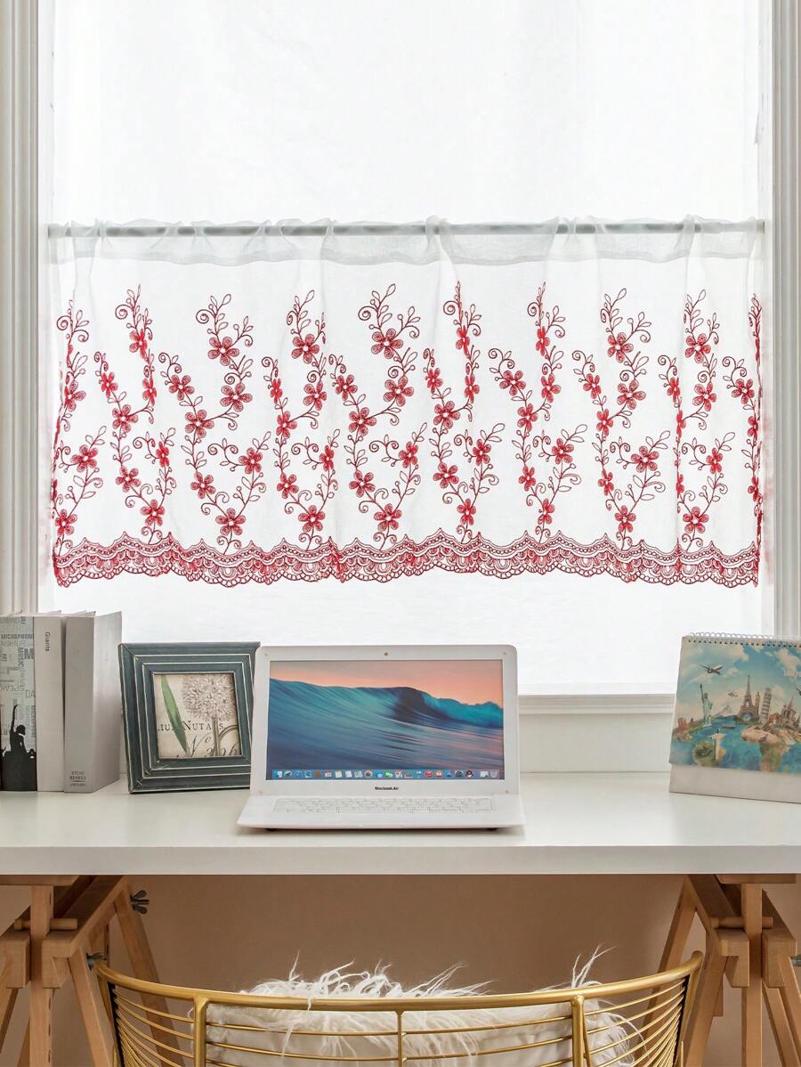 1pc Red Vine Embroidered Sheer Curtain, Bedroom/Balcony Voile Curtain ...