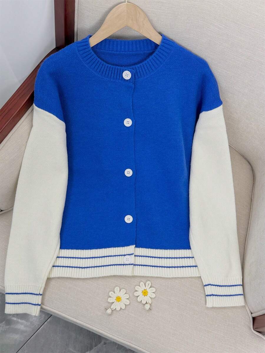 Round Neck Color Block Knitted Cardigan Sweater Top, Design Patchwork ...