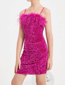 EXARUS Girls Sequin Spaghetti Strap Bodycon Dress Ruched Sparkle Party ...