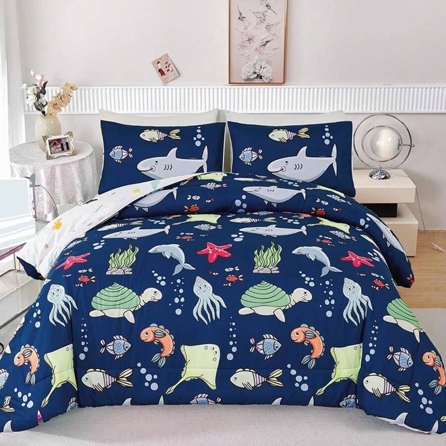 Cartoon Dinosaur Comforter Set, Dark Blue Dinosaur Bedding Set ...