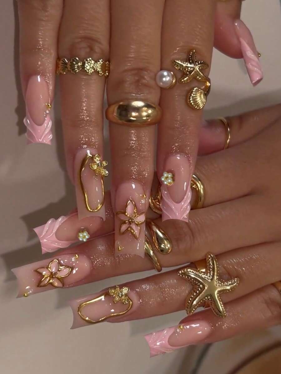 24Pcs 3D Gelnail Makes Long Square Flower Pearl Decoration Design ...