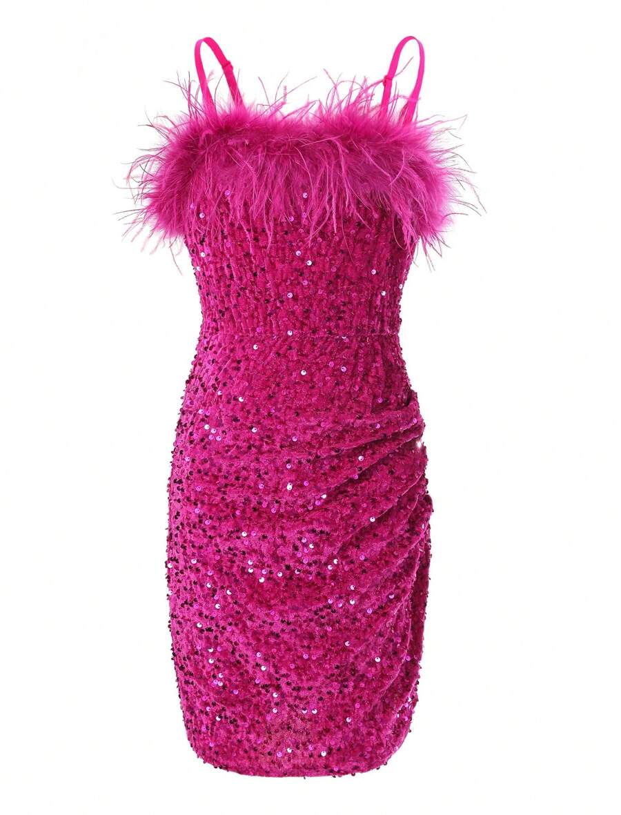 EXARUS Girls Sequin Spaghetti Strap Bodycon Dress Ruched Sparkle Party ...