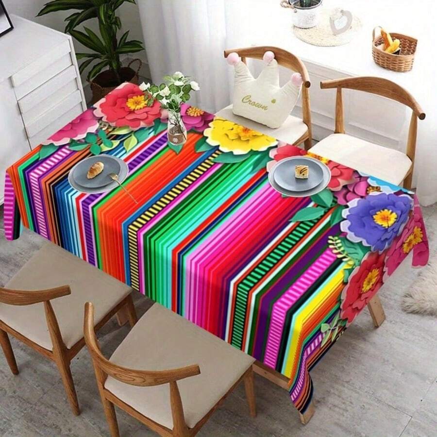 1pc Vibrant Mexican Fiesta Tablecloth - Colorful Floral And Striped ...