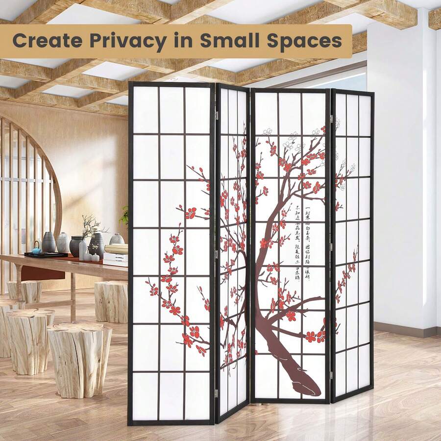 Lifezeal 4-Panel Japanese Style Folding Room Divider With Elegant Plum ...