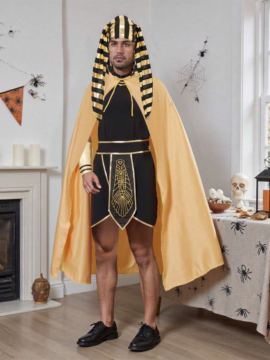 Men Egyptian Pharaoh Costume Jumpsuit + Cape + Belt + Hat + Wristbands ...