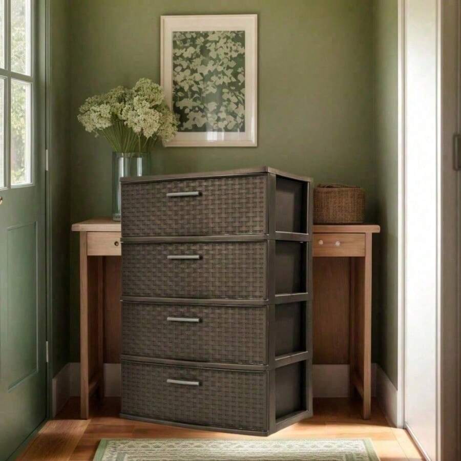 Brown 4-Drawer Wide Woven Tower Plastic Storage Cabinet, Creative Woven ...