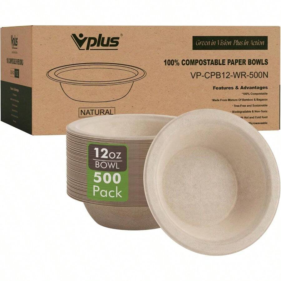 500 Pack 12 OZ Paper Bowls Bulk Disposable Compostable Ecofriendly ...