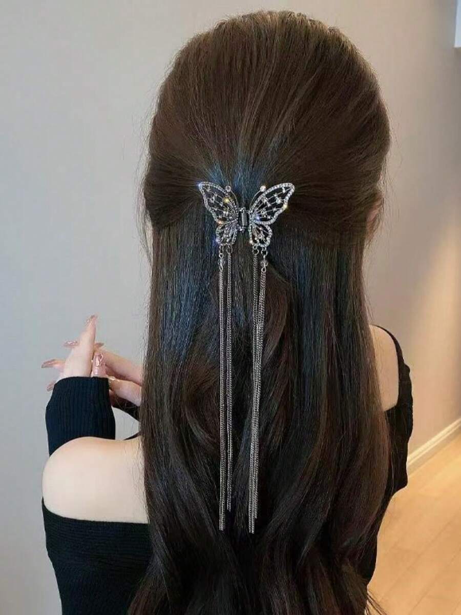 1pc Black Butterfly Rhinestone Tassel Hair Claw Clip, Fashionable ...