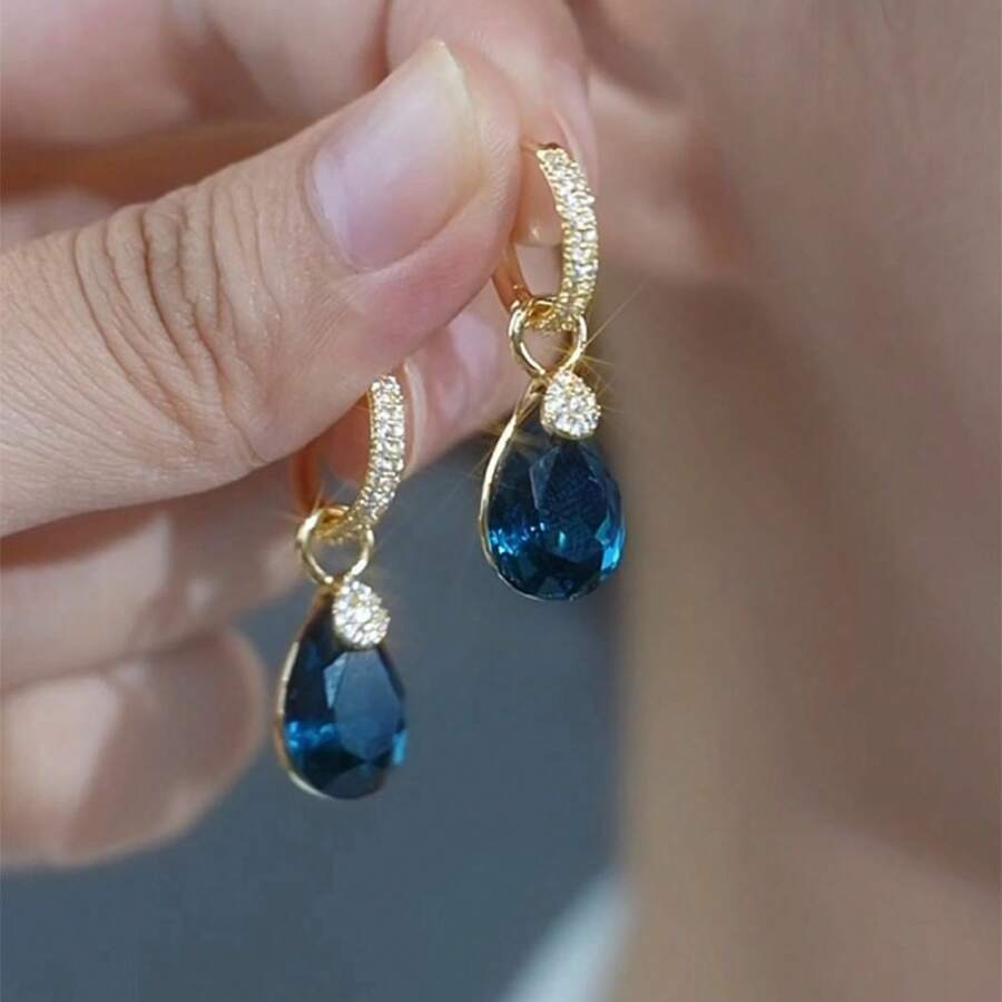2pcs Blue Teardrop Crystal Earrings, Perfect For Summer, 2024 New And ...