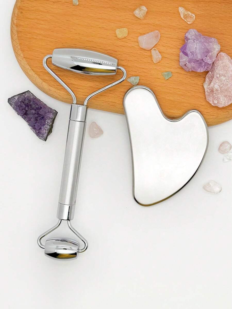 1/2pcs/Set SetStainless Steel Face Roller And Gua Sha Bundle - Metal ...