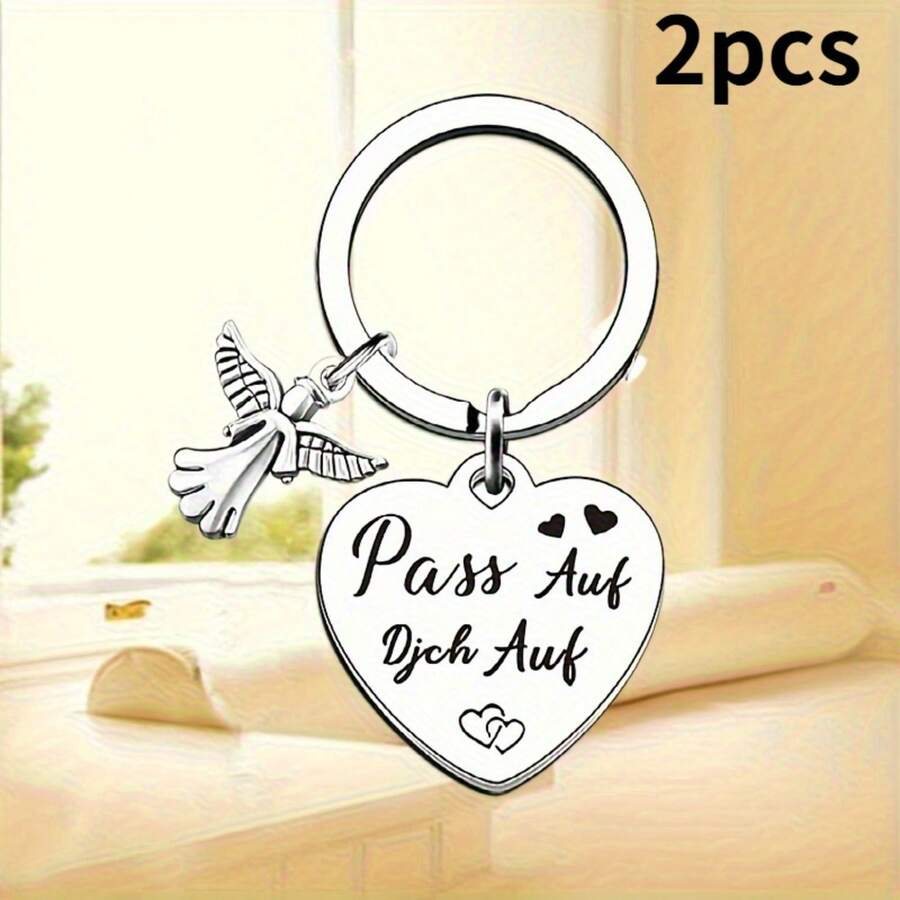 2pcs Stainless Steel Heart-Shaped Keychain With Guardian Angel Charm ...