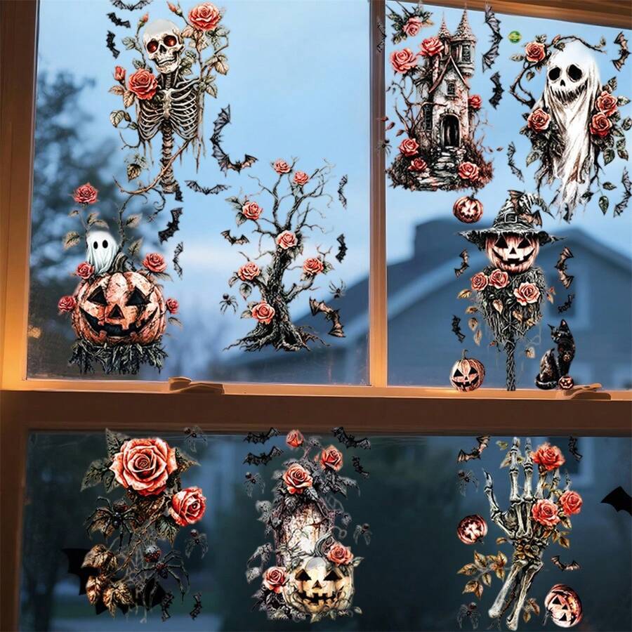 Halloween Gothic Window Clings Rose Skull Window Stickers Scary Double ...