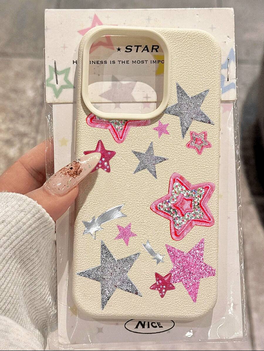 1 Stück Y2K modisches Silber & Rosa Sternenhimmel Litchi Textur ...