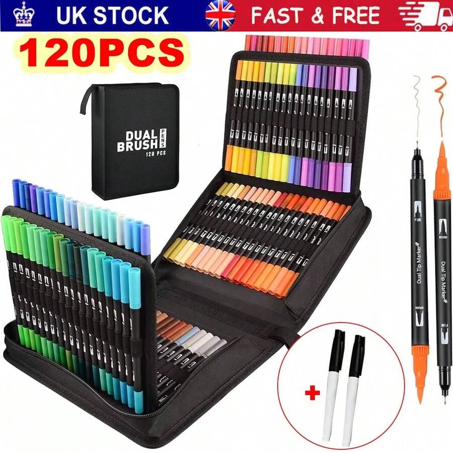 120 Dual Tip Colouring Pens Brush Pens Felt Tip Pens For Kids Adults ...