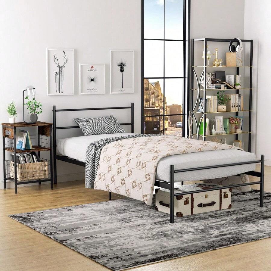 Cama Twin de Armazón de Metal: Con Cabecera y Pie de Cama, Listones ...