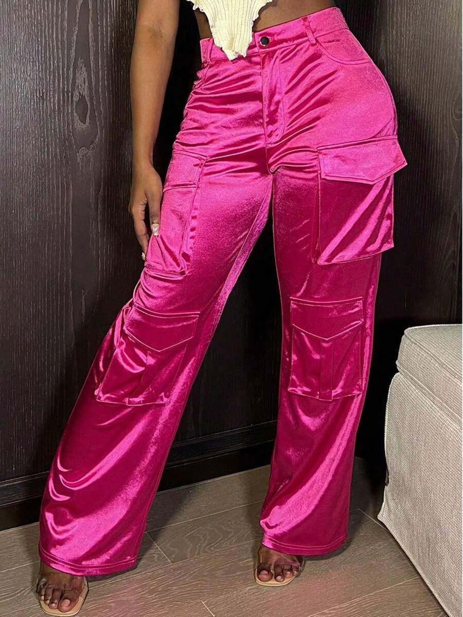 Summer Women High Waisted Satin Cargo Pants Wide Leg Casual Pants Multi ...