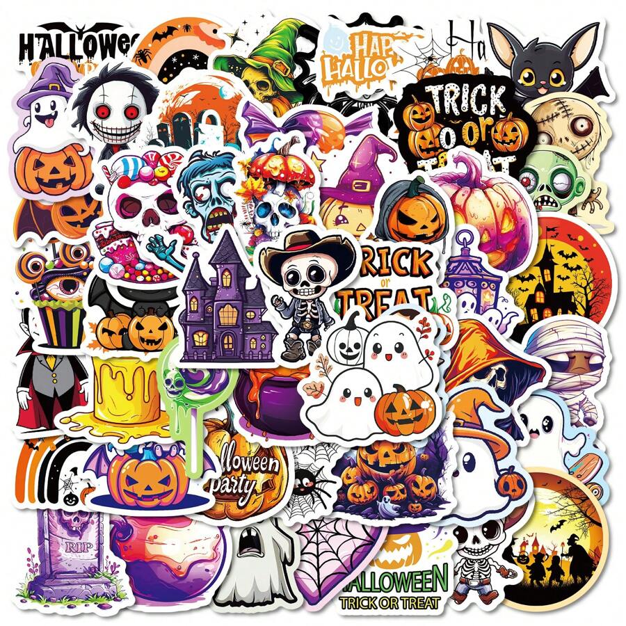 50 Pieces Of Halloween Cartoon Stickers - Cute Ghosts, Bats & Witches ...