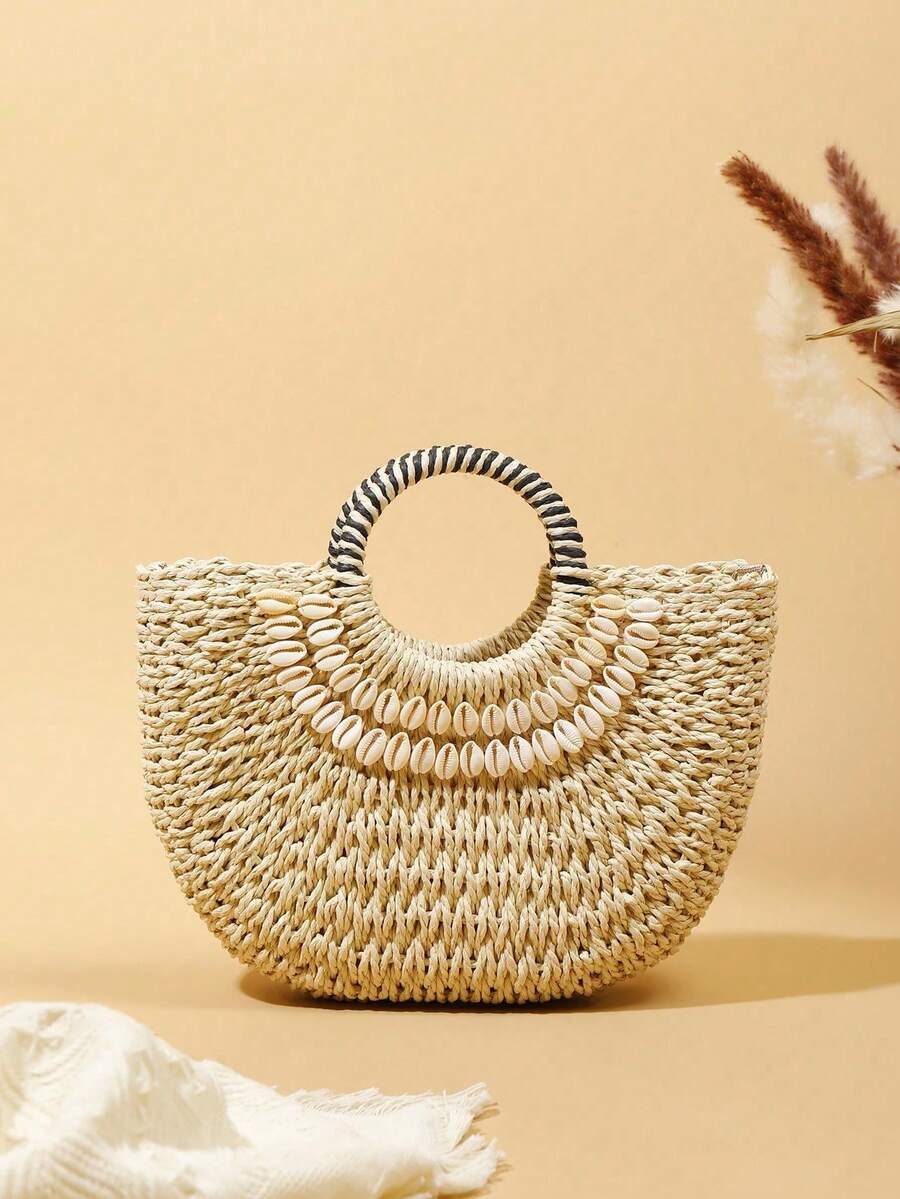 New Vintage Straw Bag Handbag Semi-Circle Shell Handmade Woven Bag ...