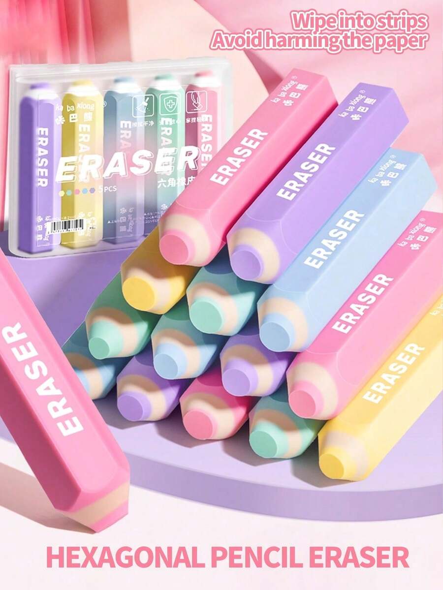 5pcs New Rainbow Color Hexagon Eraser Pencil Shape Crumb-Free Clean No ...
