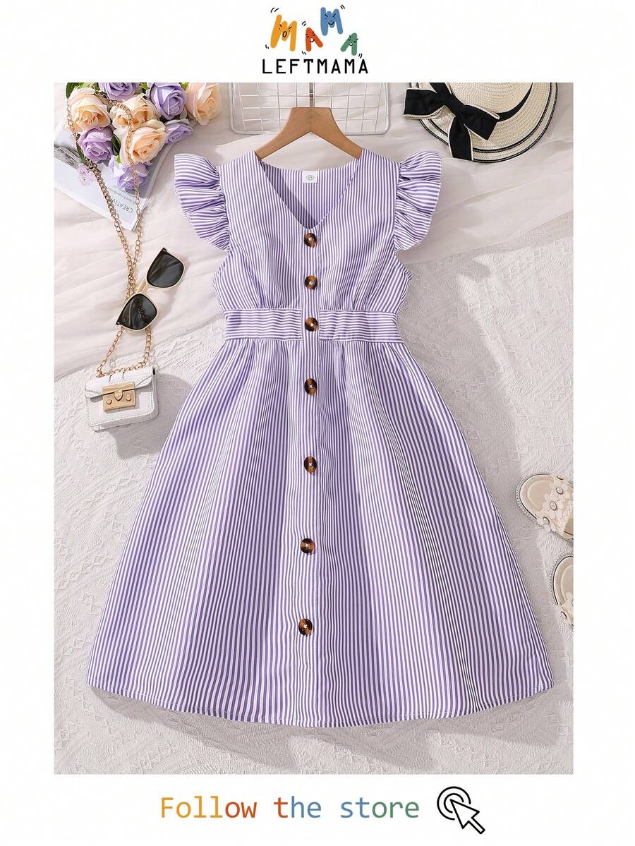 Left Mama Tween Girl Fresh Striped Cap Sleeve V-Neck Cinched Waist ...