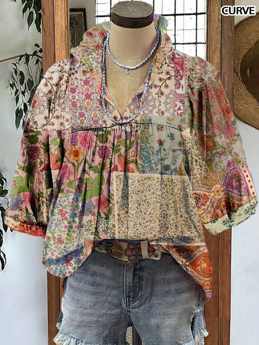 Women's Spring Summer Casual Holiday Floral Pattern Wood Ear Trim ...