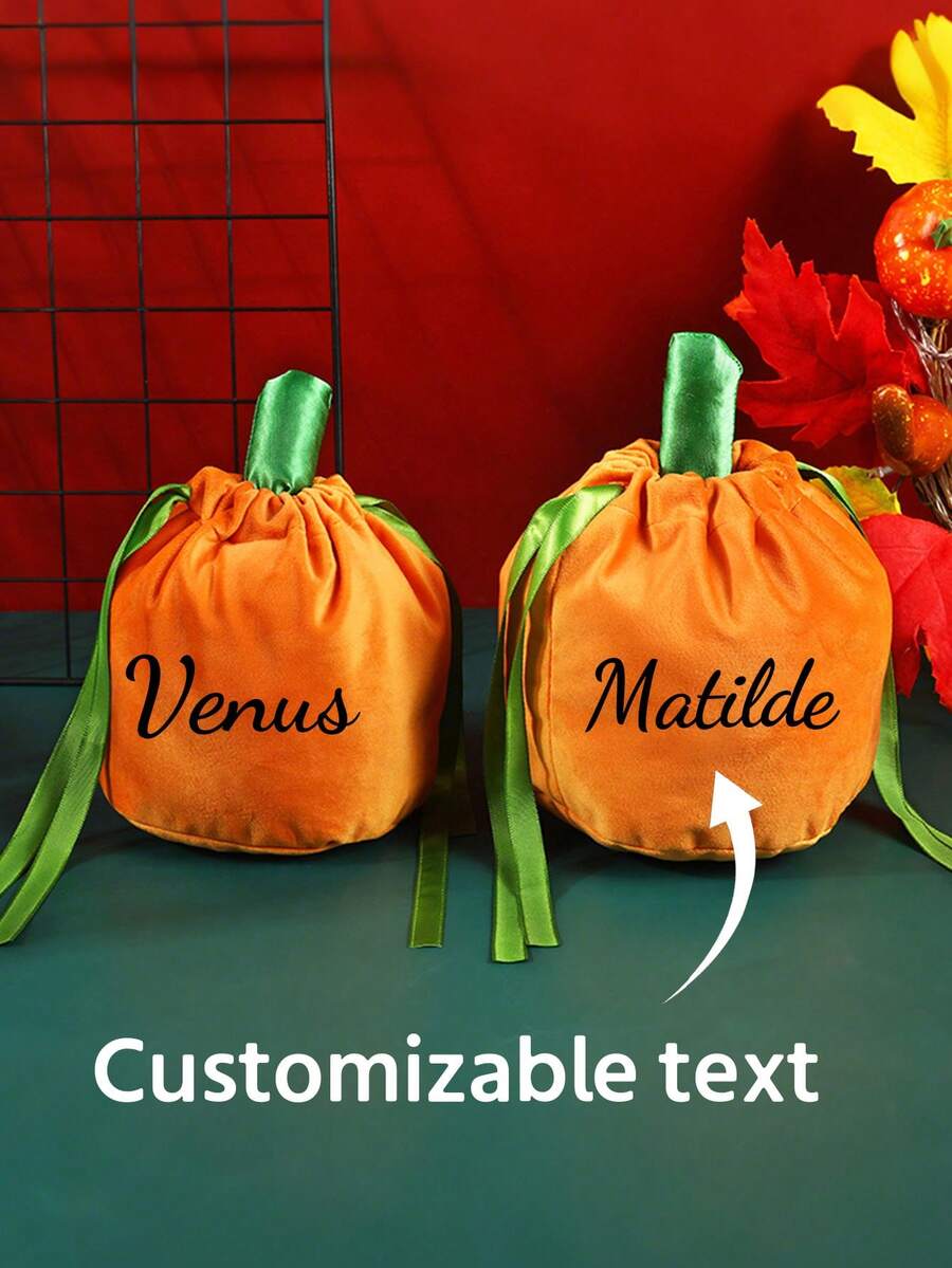 1pc Personalized Orange Velvet Pumpkin Party Bag, Halloween Trick Or Treat Bag With Child's Name ...