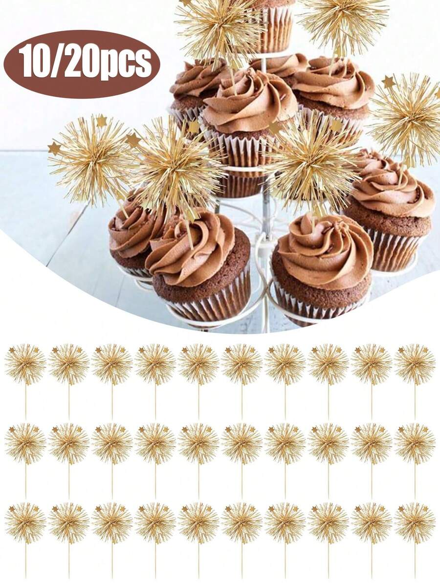 10/20Pcs Golden Cake Toppers, Firework Shape Cake Toppers, Cake Card ...