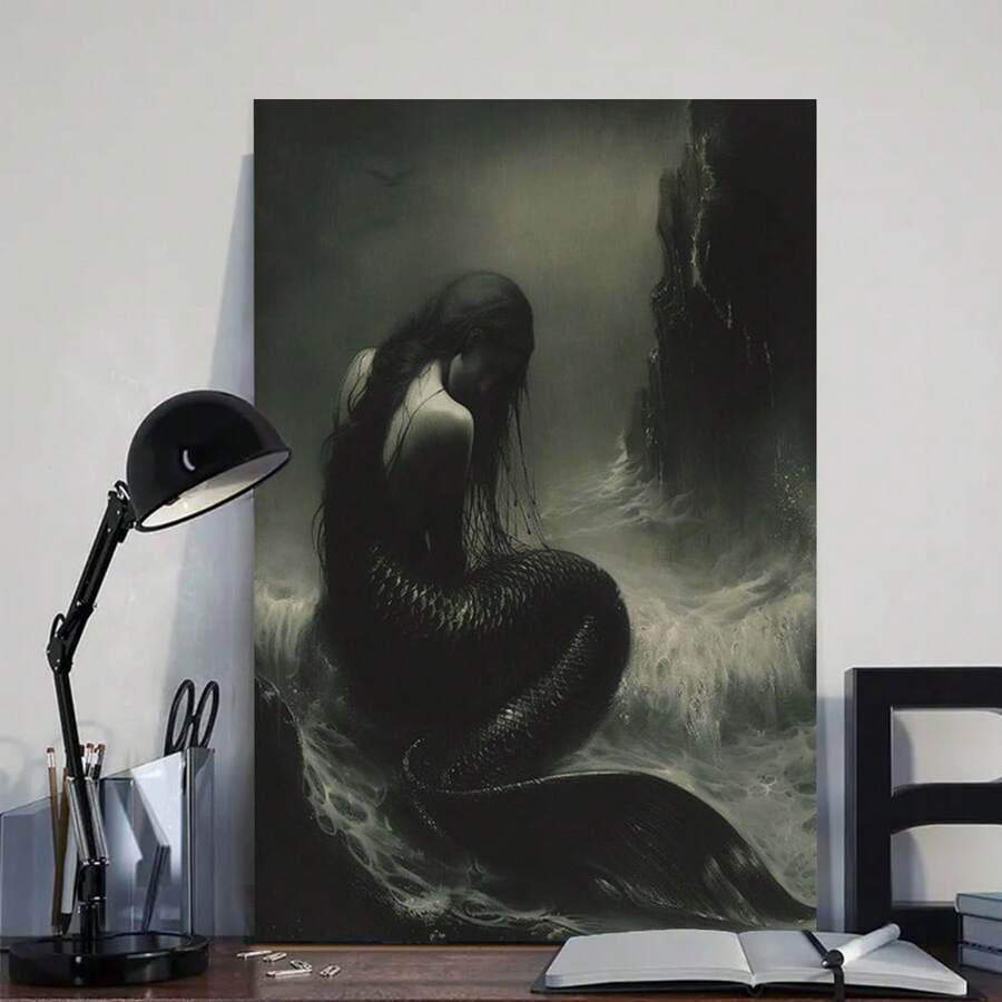 Framed Dark Ocean Mermaid Seascape Painting, Gothic Fantasy Fairytale ...