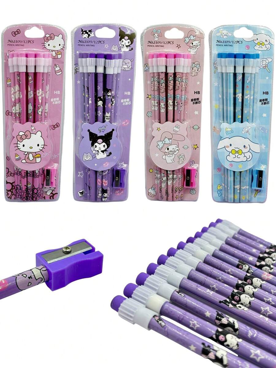 Sanrio 12Pcs/Set Hello Kittys HB Pencil Pencil Sharpener Cartoon Kuromi ...