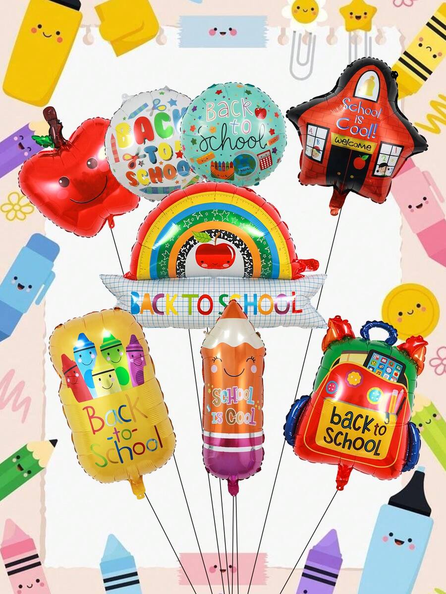 8pcs Back To School Foil Balloon Set, Includes Backpack, Compass ...