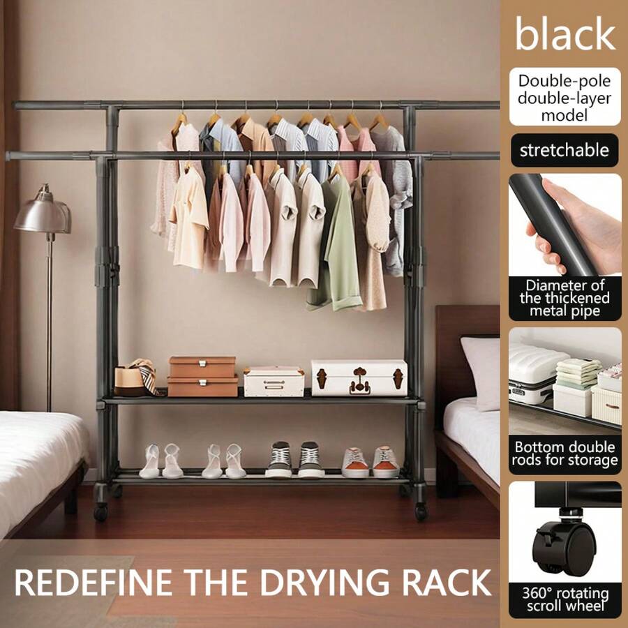 Double Rod Hanger On Wheels, Heavy-Duty Rolling Hanger For Hanging ...