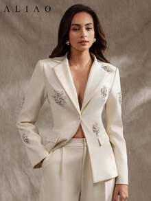 Aliao High-End Pear Rhinestone Cinching Waist Pocketed Suit, Solid ...