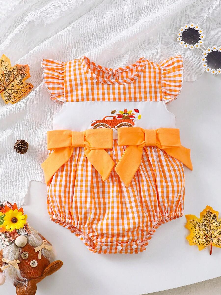 1pc Baby Girls' Thanksgiving Turkey Embroidery & Plaid Print Ruffled Sleeve Romper, Essential ...