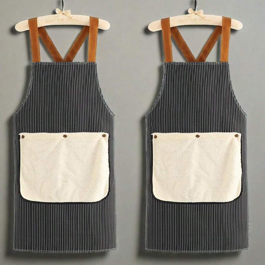 Kitchen Aprons Cotton Linen Striped Apron With Pocket And Towel Bib ...
