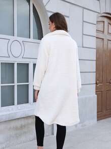 1 Pc Ladies Solid Color Fleece Front Button Faux Pocket Fluffy Jacket ...
