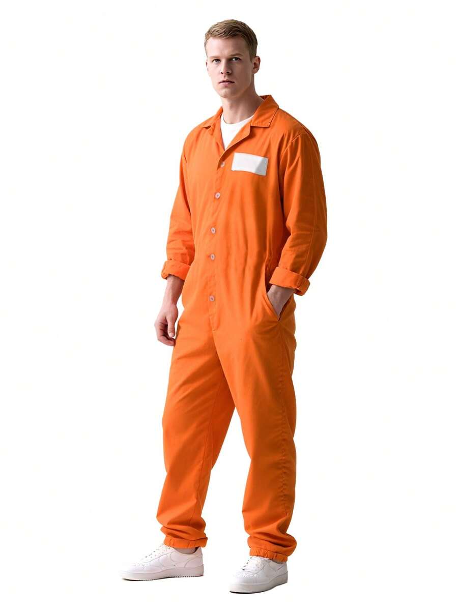 Men's Orange Jail Jumpsuit Halloween Inmate Uniform Cosplay Costume ...