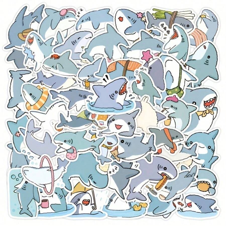 50pcs Cute Cartoon Shark Stickers - Waterproof Vinyl Stickers For ...