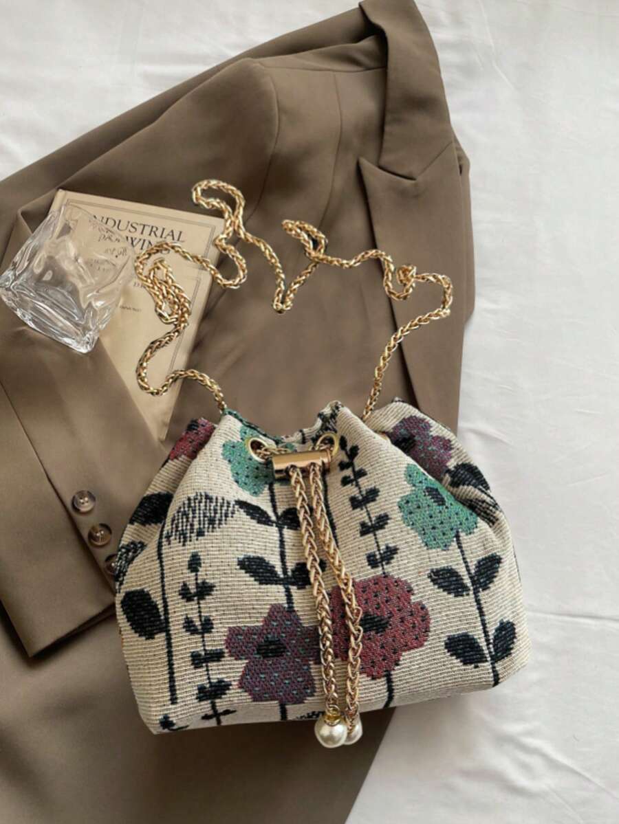Fashionable Color Block Fabric Floral Embroidery Chain Strap Mini ...