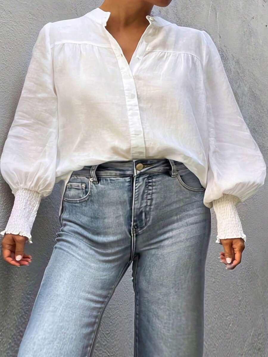 Plus Size Solid Color Long Sleeve Button-Up Elegant Blouse | SHEIN USA