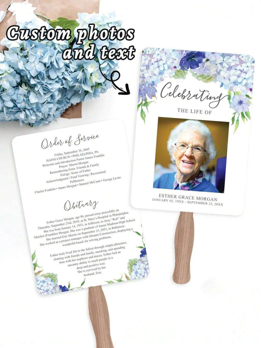Custom Hydrangea Funeral Fan Template, Funeral Fans, Printable Funeral ...