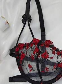 Women's Sexy Embroidered Floral See-Through Bra With Side Tied Thong Lingerie Set, Rave | SHEIN USA