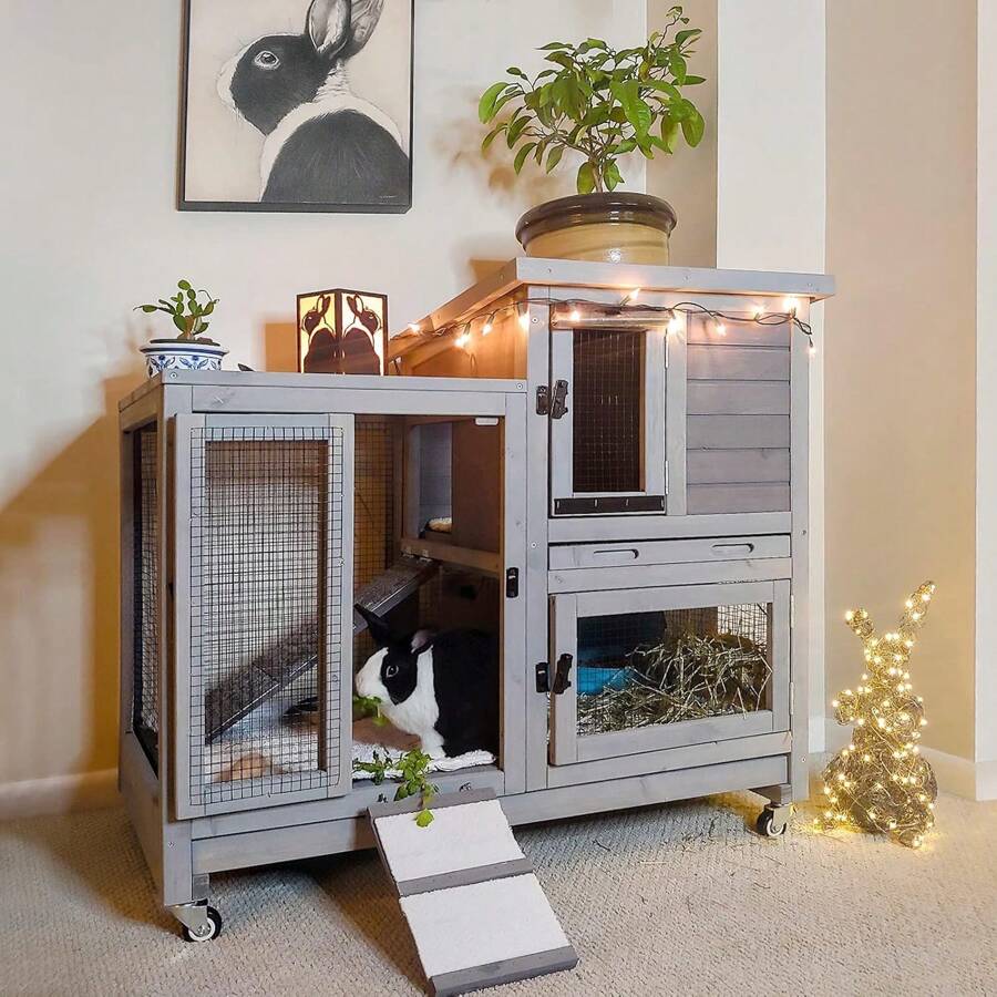 Rabbit Hutch Large Wooden Bunny House Guinea Pig Cages On Wheels, Two ...