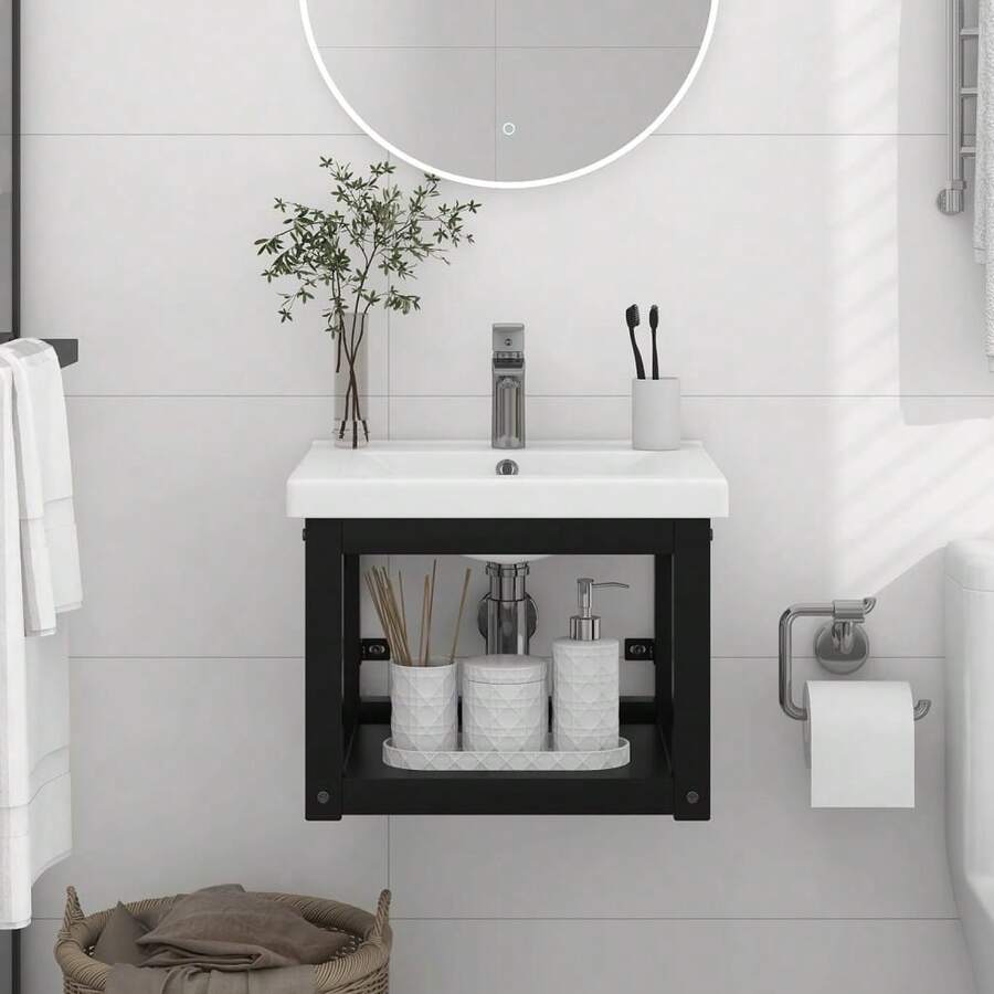 vidaXL Bathroom Sink Frame Black Powder-Coated Iron Small Bathroom Sink ...