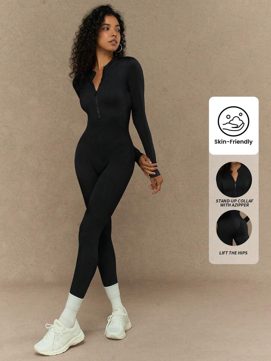 Yefecy Women Long Sleeve Workout Jumpsuit Zip Up Yoga Rompers Tummy ...
