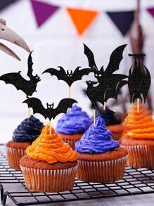 12 Pcs/Set Bat Cupcake Toppers - Black Glitter Bat Cupcake Picks For ...