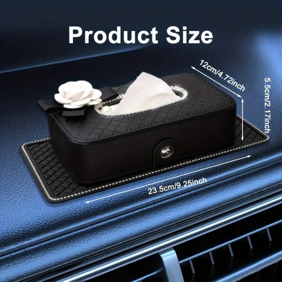 Black PU Leather Car Tissue Box With Crystal Decor And Floral Design ...