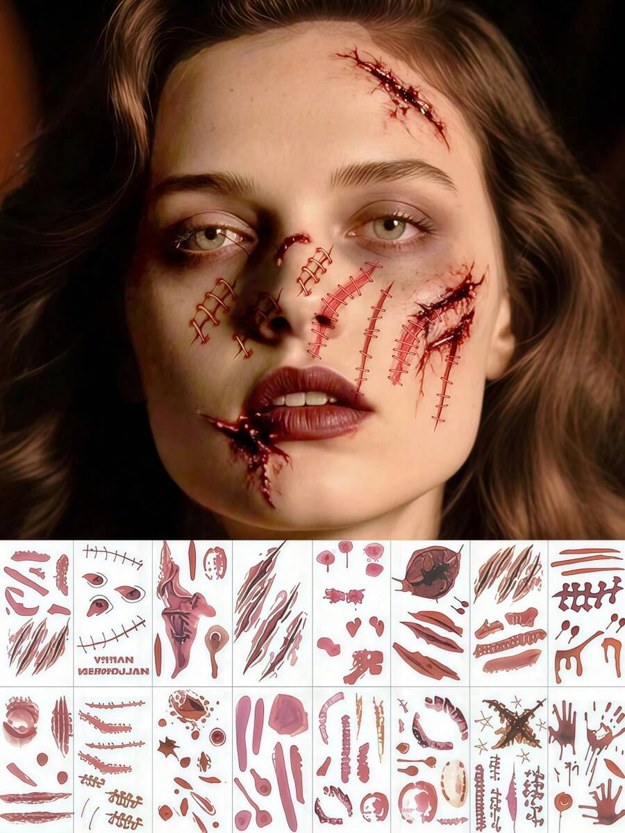 16 Sheets Scar Tattoos Temporary Halloween Zombie Tattoos Fake Scars ...